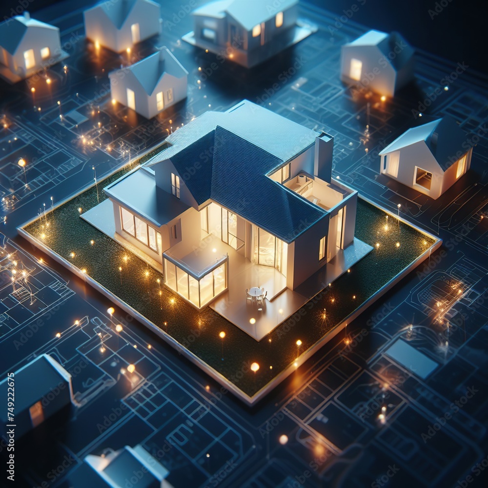 model of a modern house with brightly lit windows, land plot, on a ...