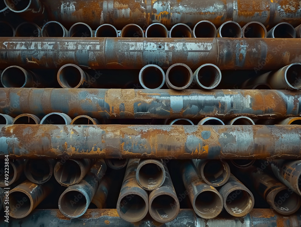 Stack of steel pipes in a metallurgical plant, factory or workshop ...