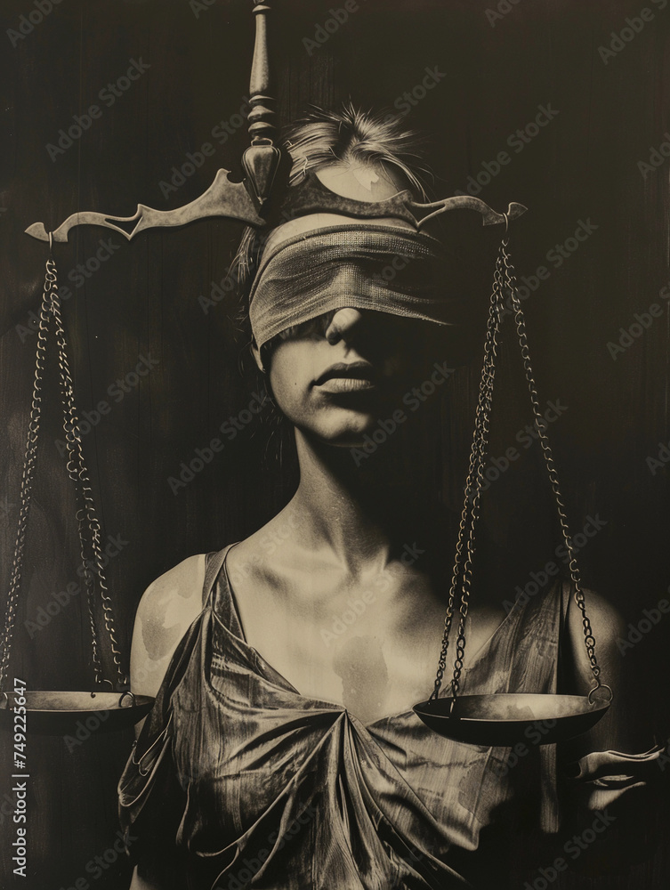 Portrait of woman blindfolded and holding scale impersonating Lady ...