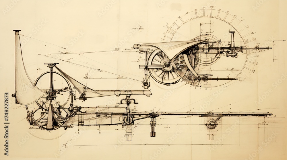 Abstract drawing illustrates ancient machine. Technical sketch reveals ...