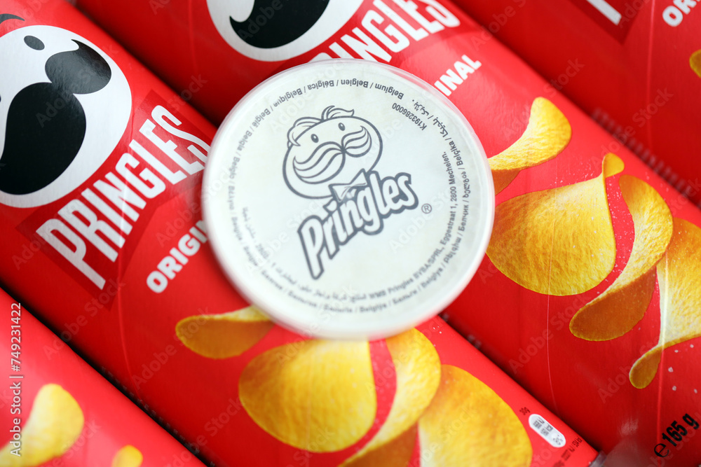 KYIV, UKRAINE - FEBRUARY 27, 2024 Pringles original potato chips on ...