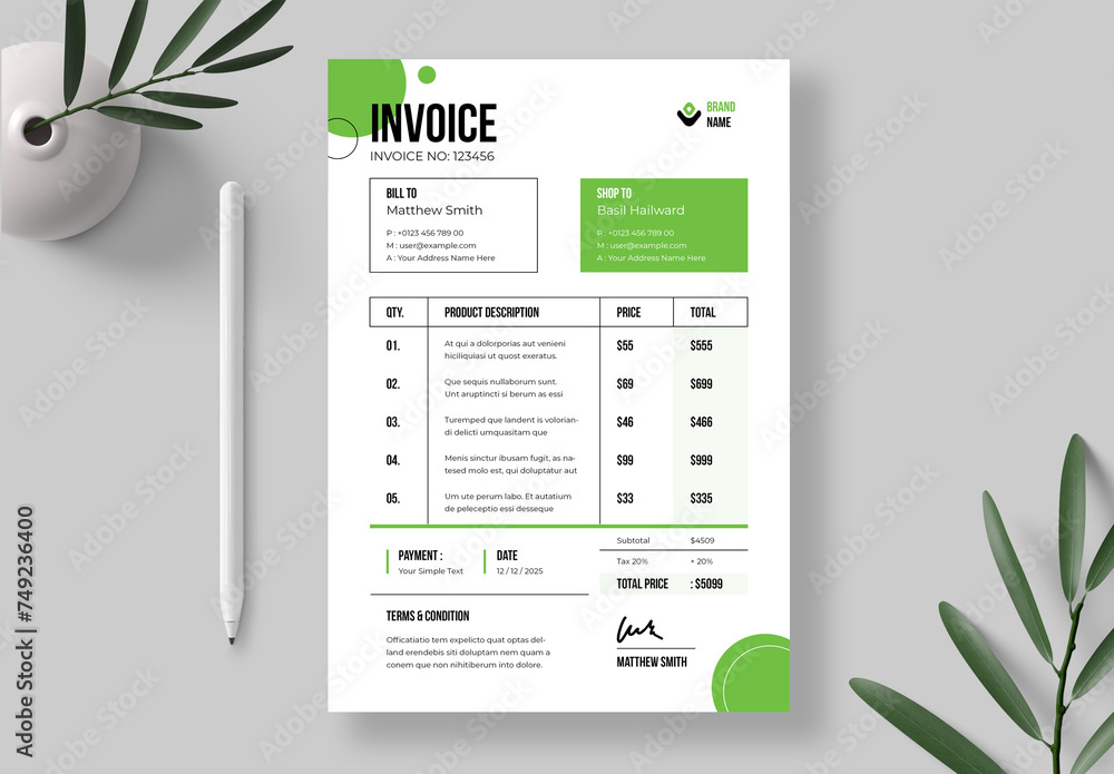 Invoice Template With Green Color Stock Template | Adobe Stock