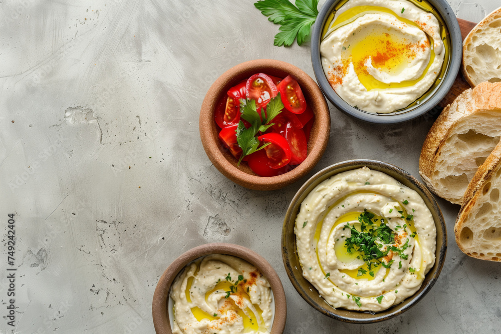 bowls of dip and bread with spices from above on concrete table ...