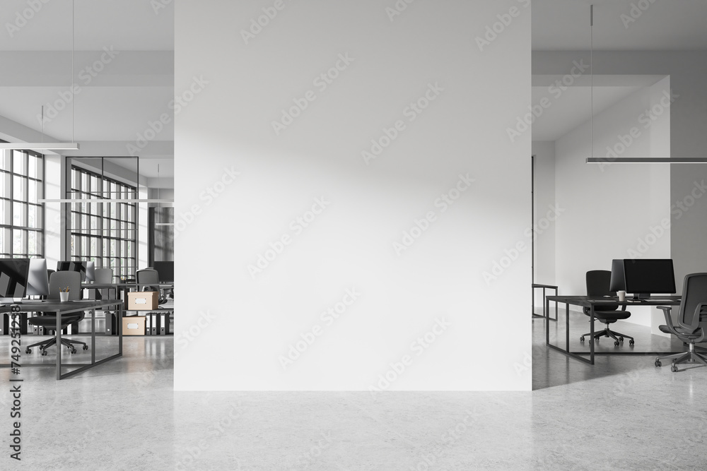 Office workspace interior with table and pc monitors, window. Mock up ...