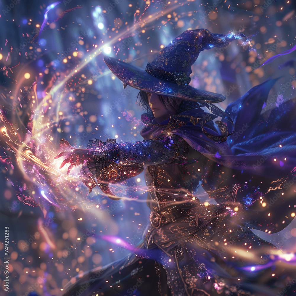 An anime wizard casting spells with motion blur effects in a 3D fantasy ...