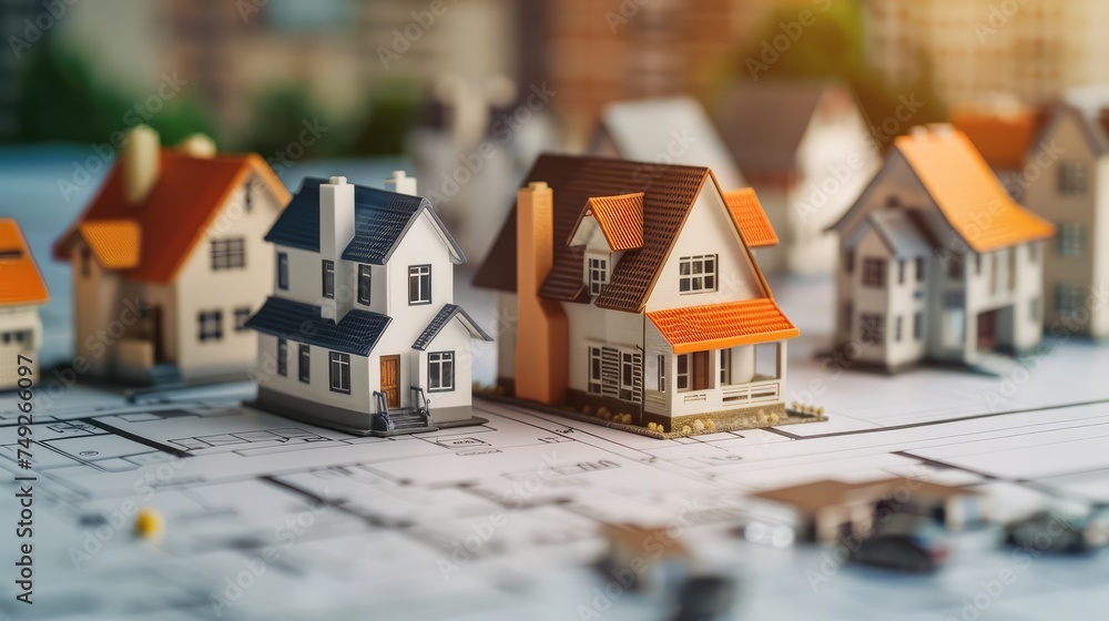 architectural model of houses on blueprint draw, banner layout for ...