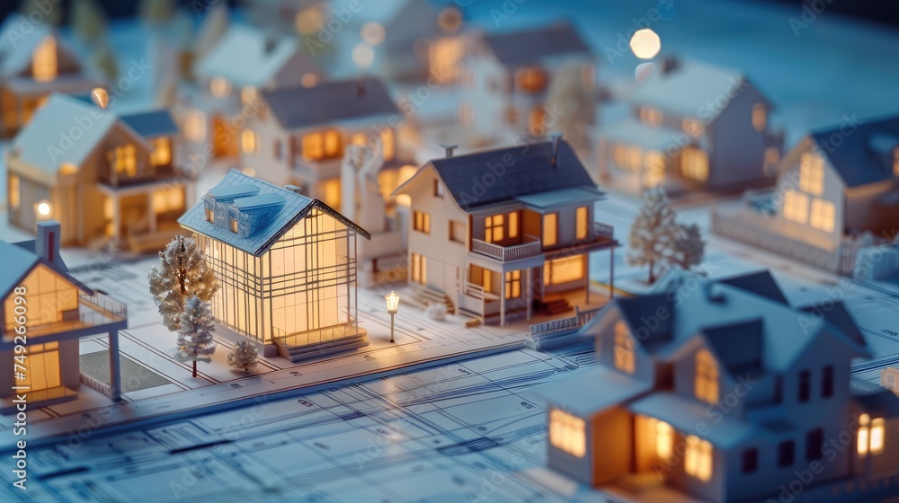 architectural model of houses on blueprint draw, banner layout for ...