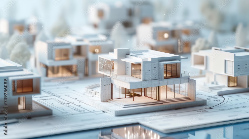 architectural model of houses on blueprint draw, banner layout for ...