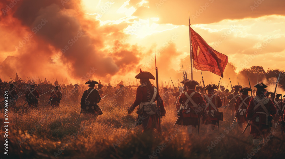 A reenactment of a historical battle scene at sunset, featuring actors ...