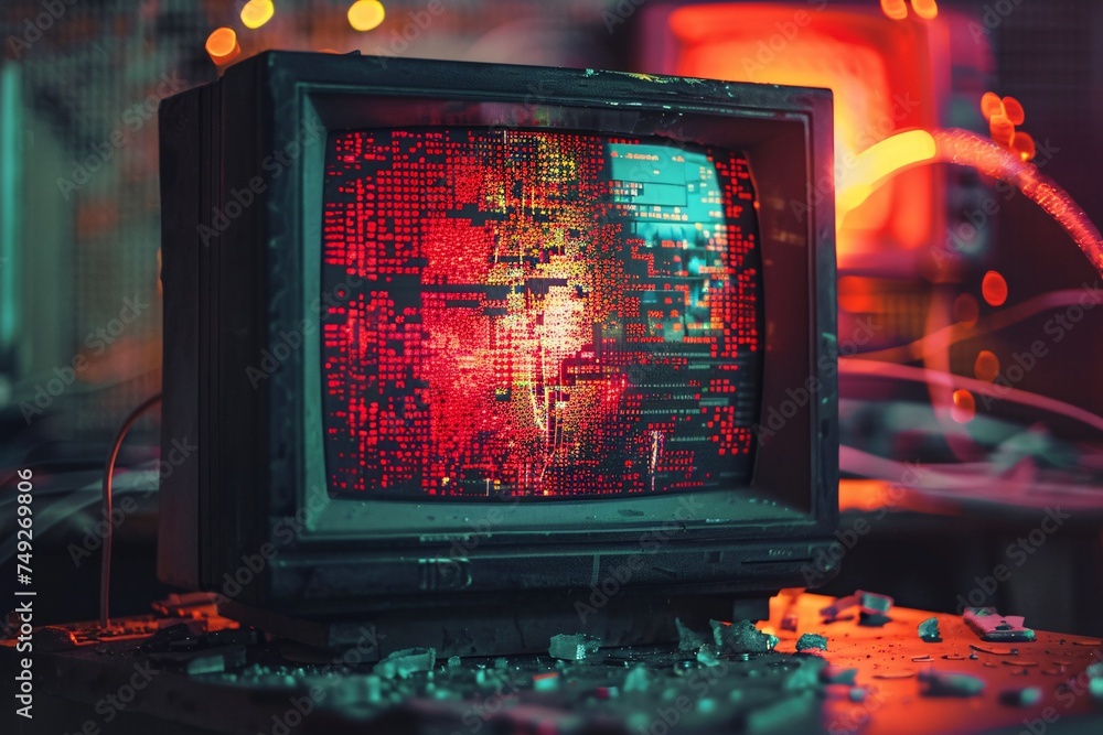 Distorted video effect with old TV screen damage caused by pixel noise ...