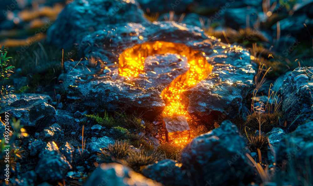 Glowing golden question mark illuminating rocky terrain, symbolizing ...