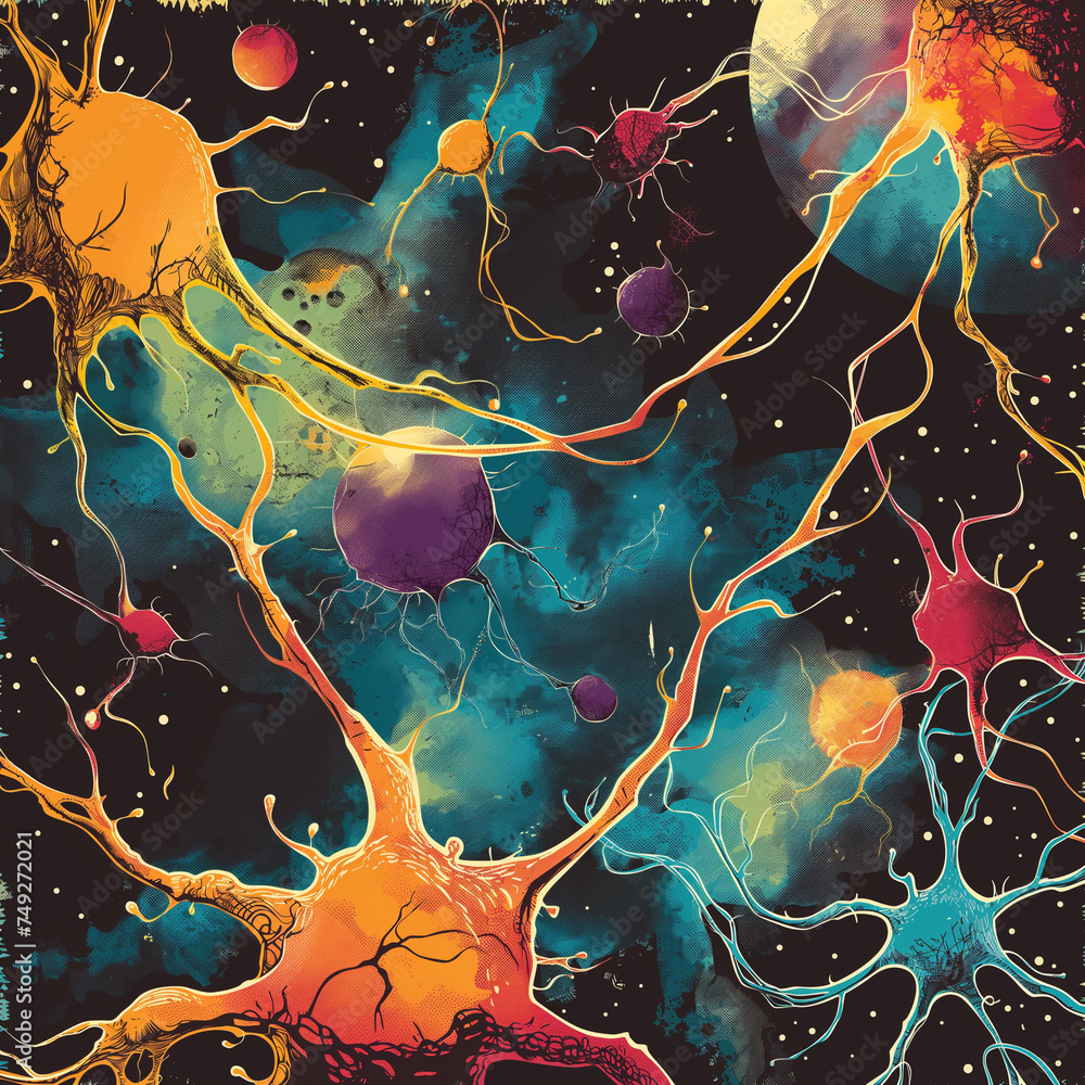kunst, cartoon, pop art, neuronen, verbinden, planeten, hintergrund, design, dekor, farbe ...