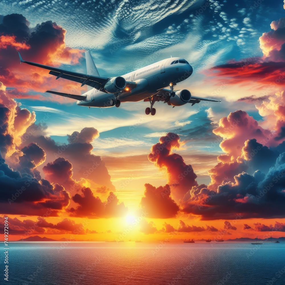 A commercial airplane is captured in flight against a vibrant sunset ...