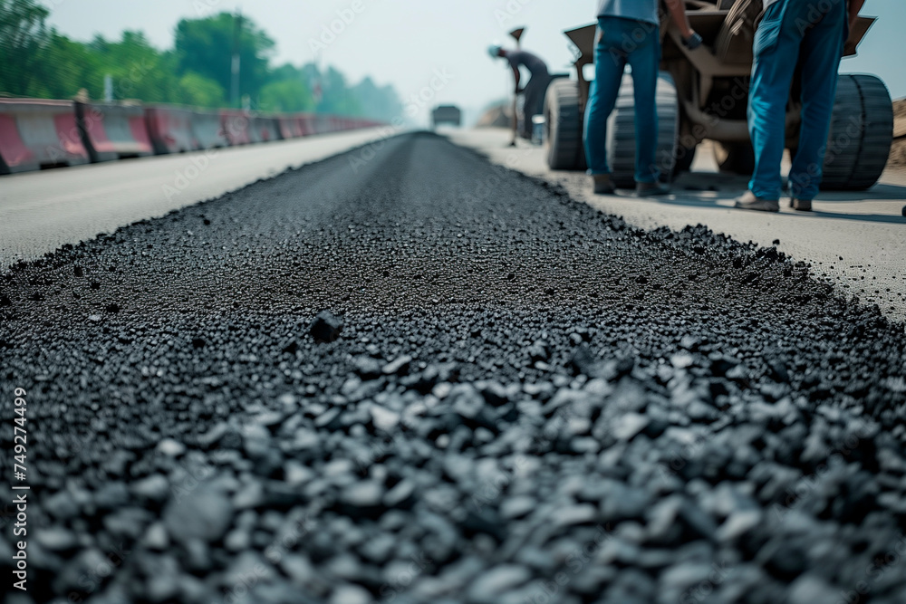 Road construction workers' teamwork, tarmac laying works at a road ...