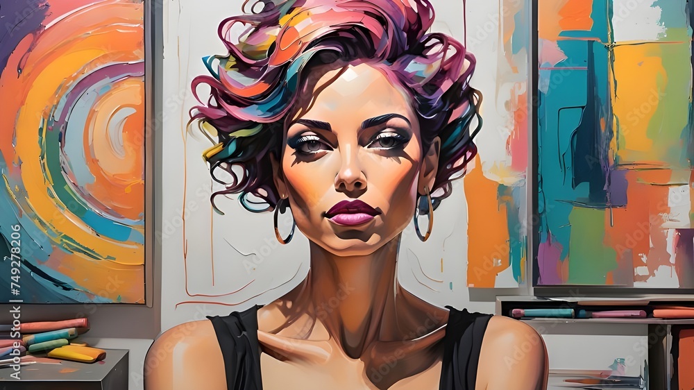 Abstract painting with oil pastels .Portrait of a woman.Painting in the ...