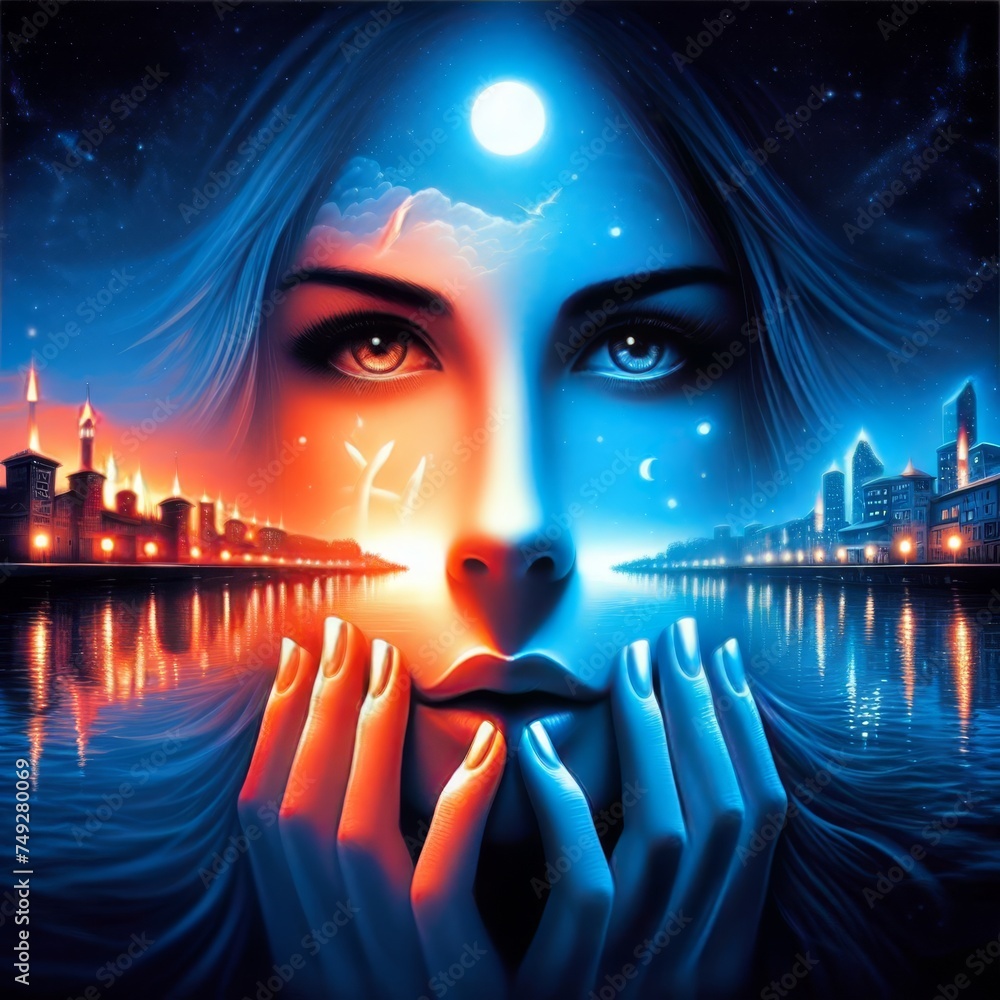 A surreal portrait blends a woman's face with a moonlit cityscape ...