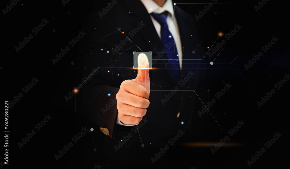 Thumb Print Touching the Screen with glowing lights and blur backdrop ...