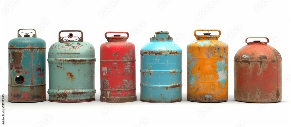 Several vintage gas cans with rust and wear are lined up in a row on a ...