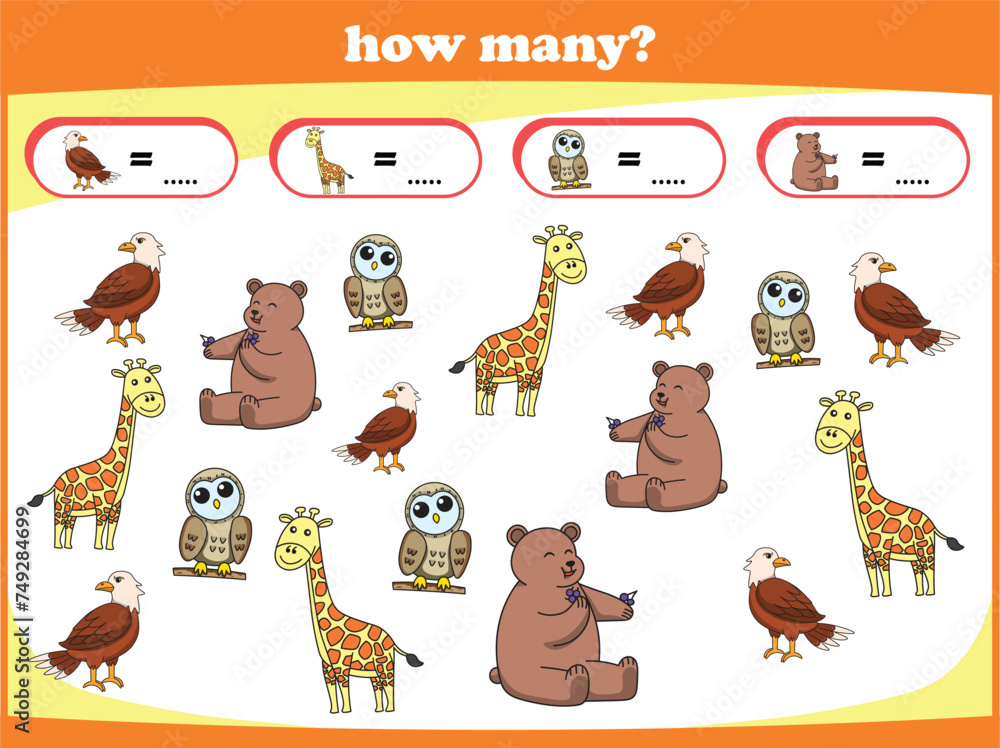 Kids game Counting wild animals. Learn to count. Vector illustration ...