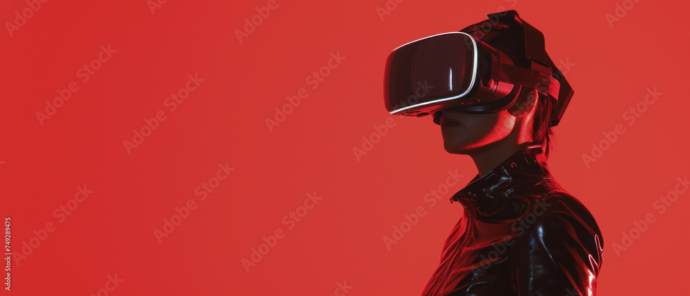 Full gear of VR headset worn by a futuristic styled person against a ...