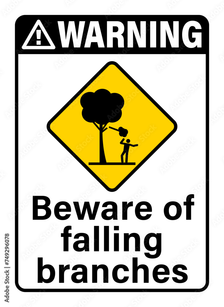 Warning, beware of falling branches. Information sign with falling tree ...