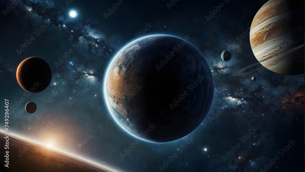 Planets in deep space. Panorama in the endless expanse of space ...