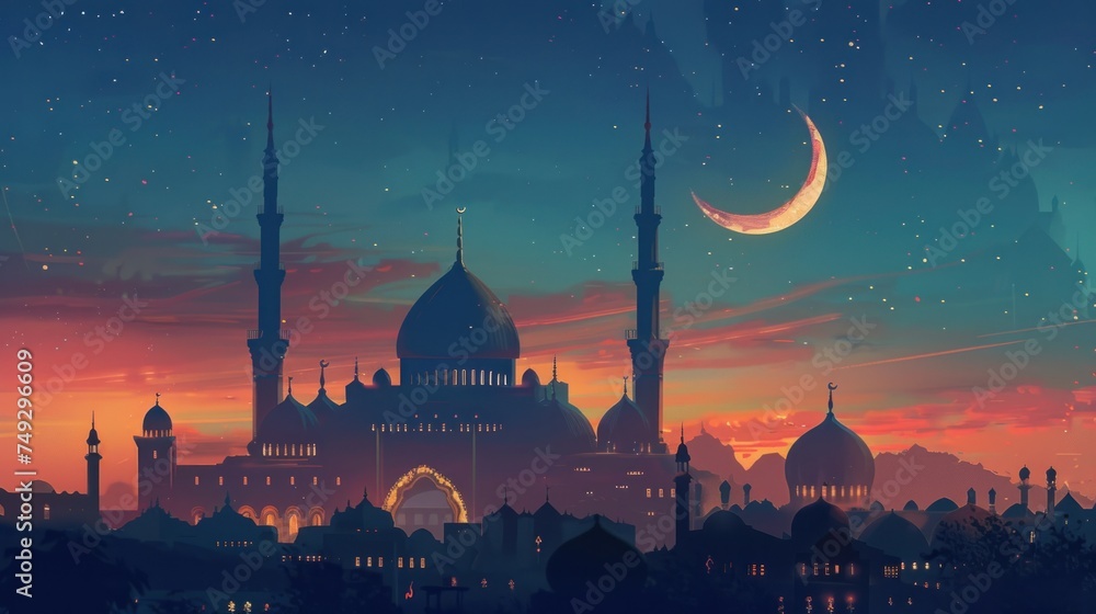 Islamic background, half moon, chand, mosque, lantern Stock ...