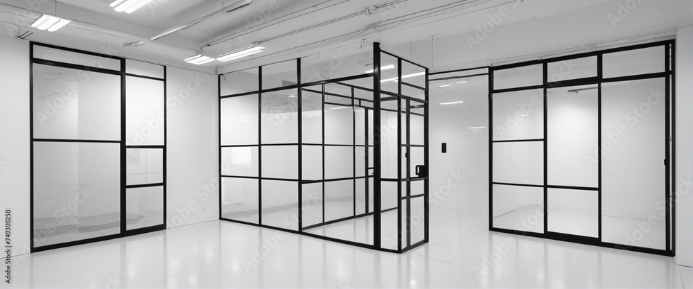 White room. white vacant building floor with black window frames and ...