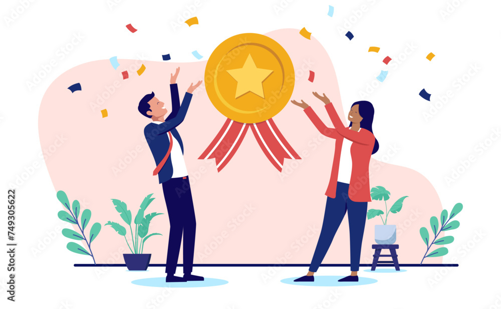 Businesspeople achievement - Two successful people winning award medal ...