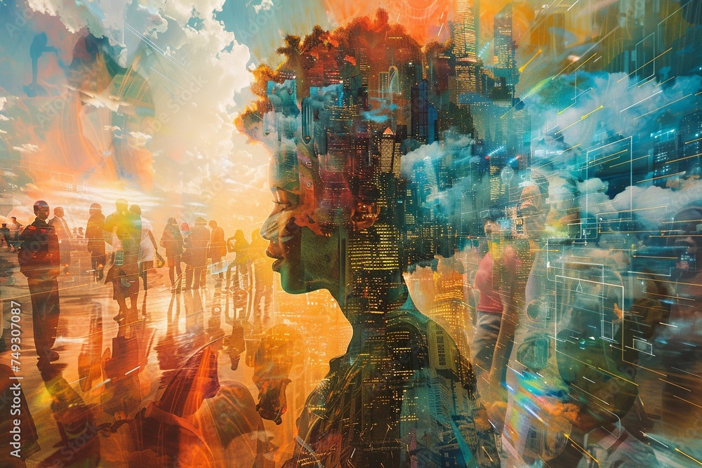 A wide-angle shot captures a diverse group engaging with technology ...