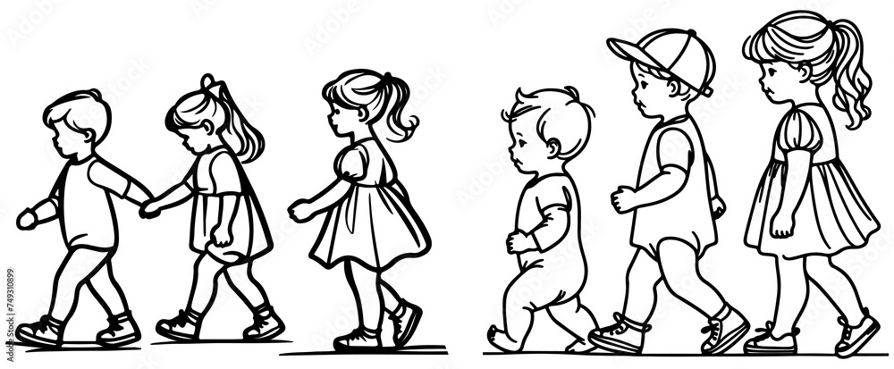 Continuous one black line art hand drawing child walking doodles ...