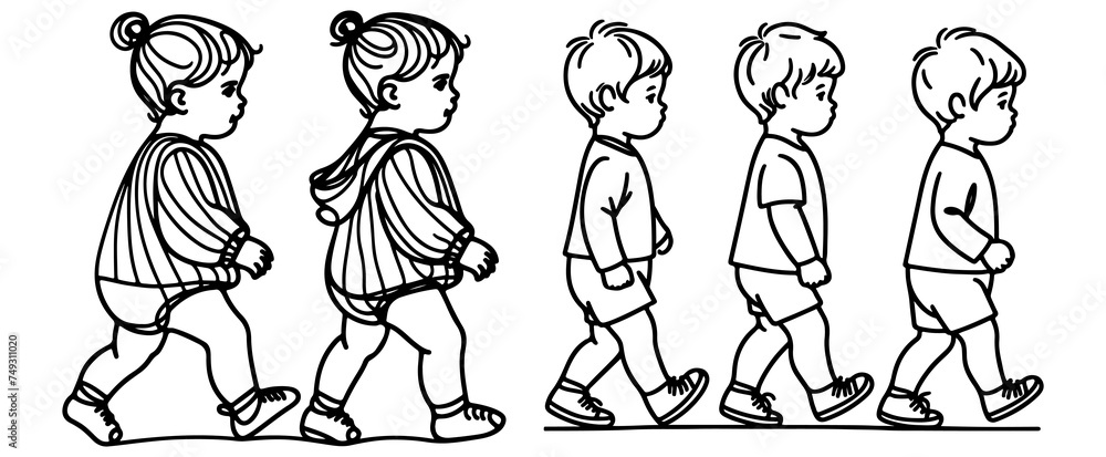 Continuous one black line art hand drawing child walking doodles ...