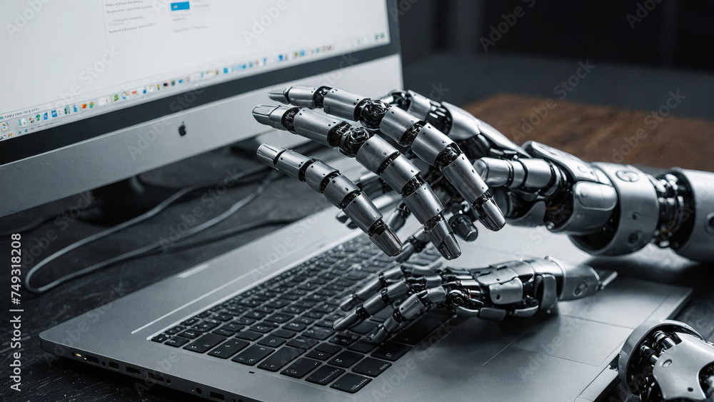 A Robot hands points to laptop, artificial intelligence concept, human ...