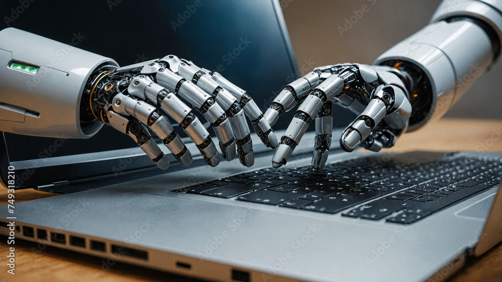 A Robot hands points to laptop, artificial intelligence concept, human ...