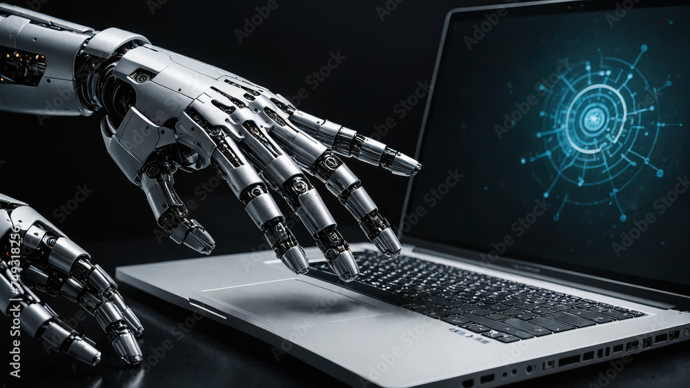 A Robot hands points to laptop, artificial intelligence concept, human ...