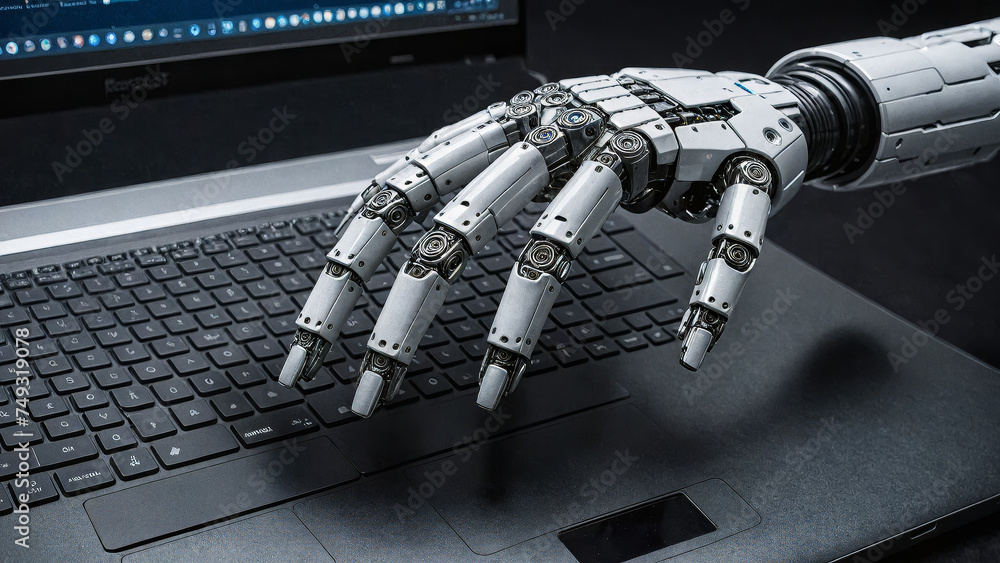 A Robot hands points to laptop, artificial intelligence concept, human ...