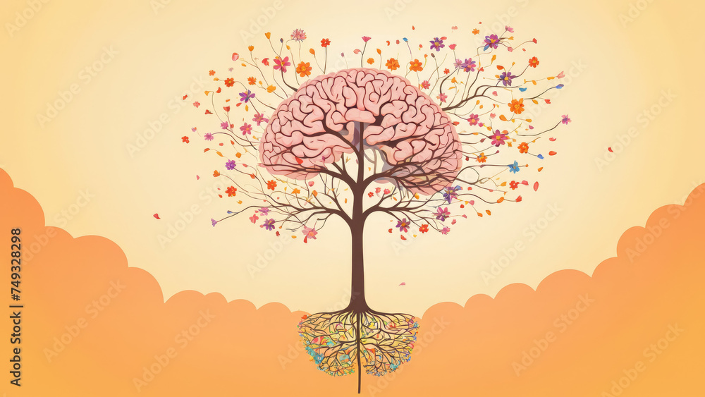 Human brain tree with flowers mental health illustration, self care ...