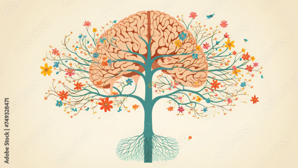 Human brain tree with flowers mental health illustration, self care ...