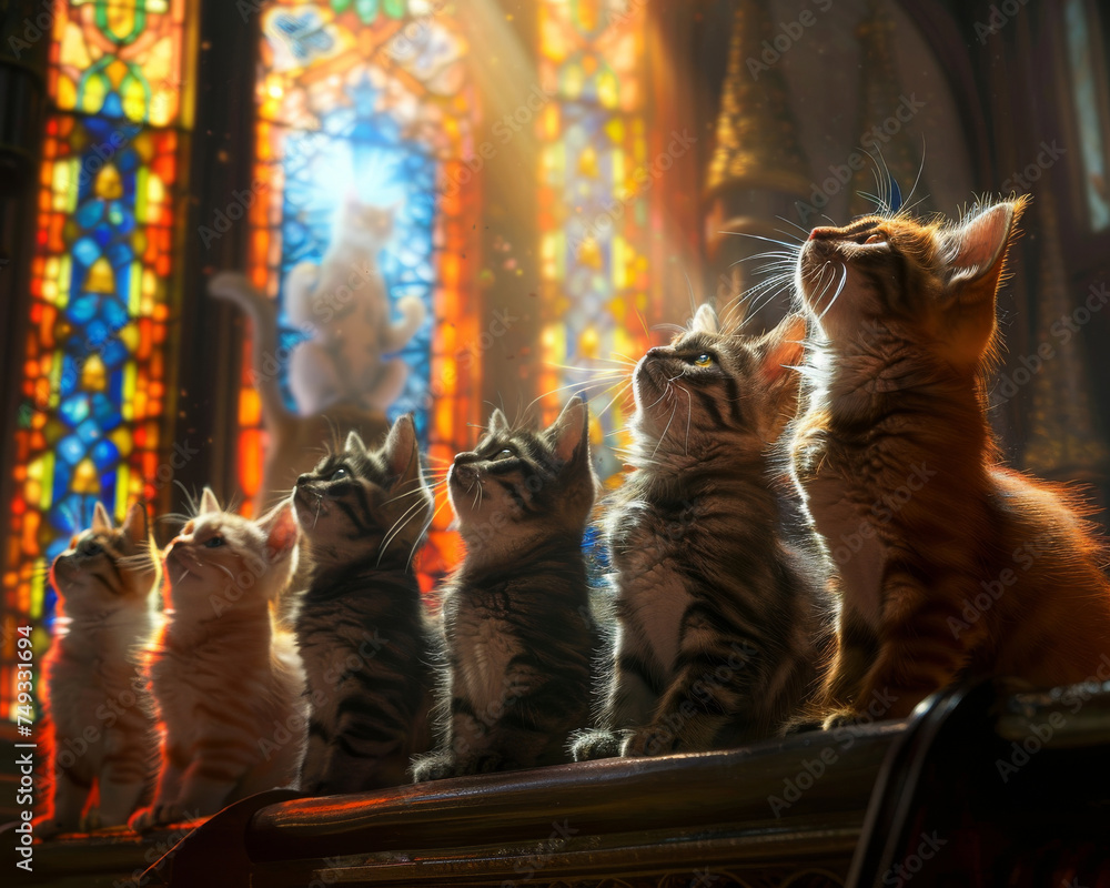 Heavenly choir of cute cats in a Gothic cathedral, their meows creating ...