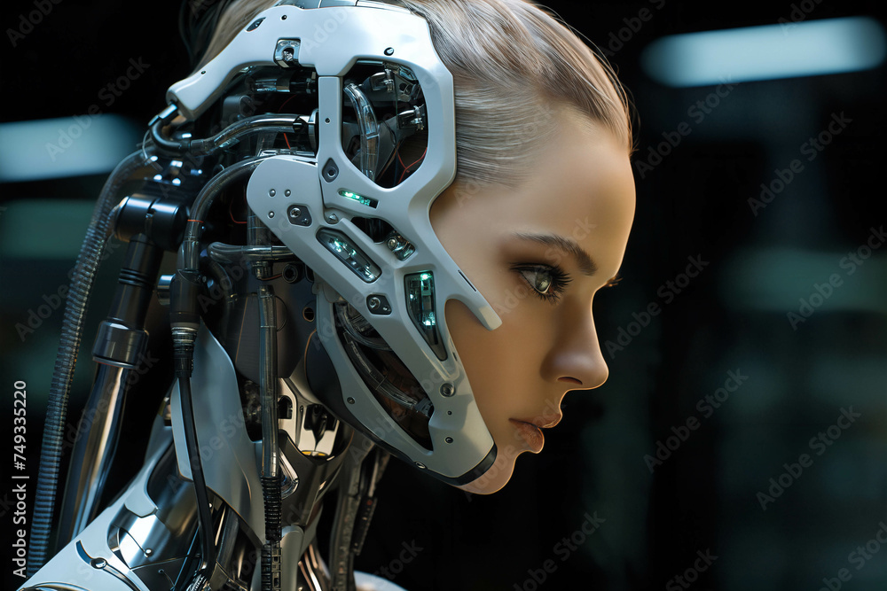gynoid, humanoid robot android hybrid with a female face, with a ...