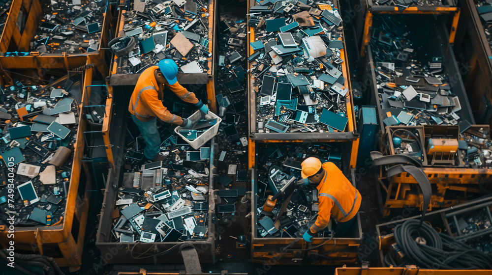 Workers sorting and processing electronic waste at a recycling facility ...