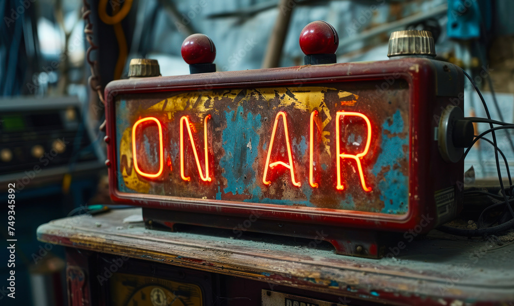 Classic 'ON AIR' illuminated sign in bold red letters indicating live ...