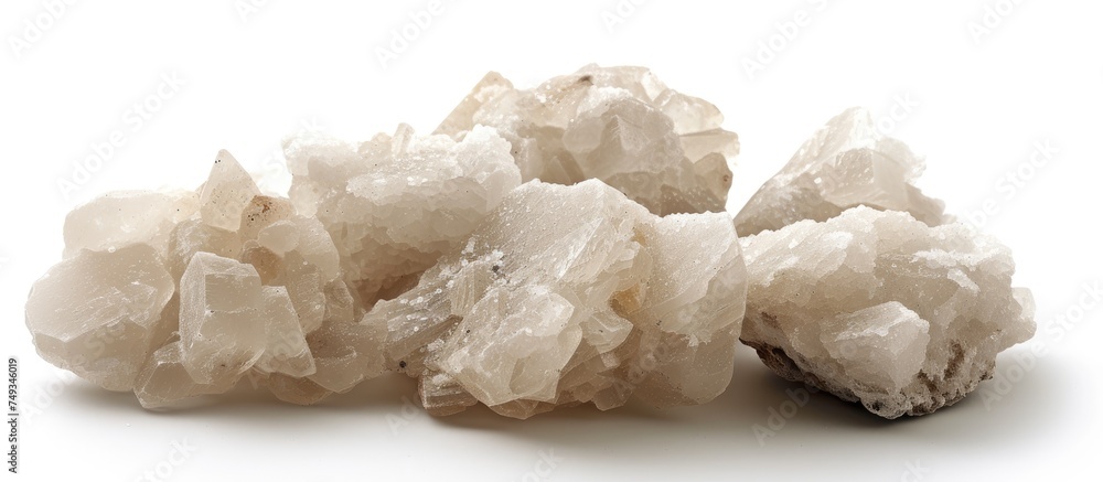 A collection of white rocks stacked on a flat white surface, creating a ...