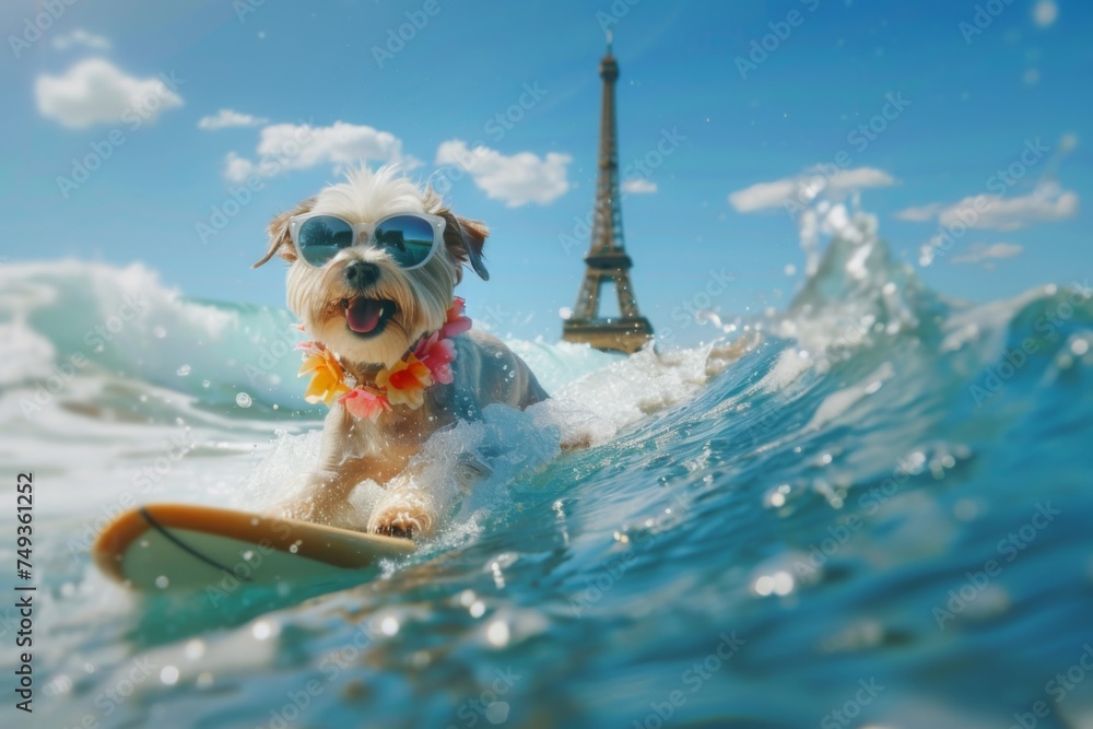 Grace. Adorable silver color Weinerman dog surfing on huge wave in ...