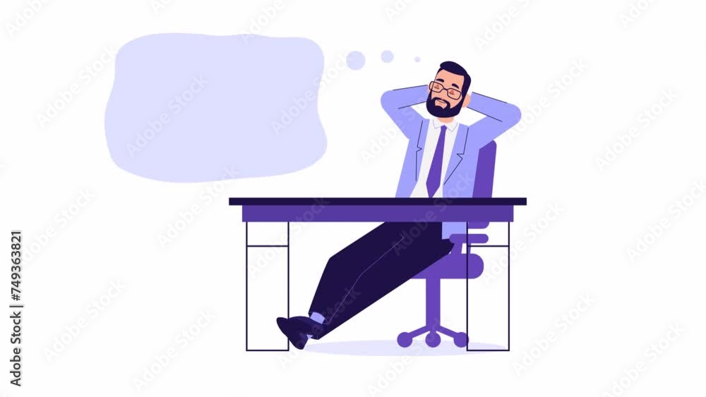 Businessman thinking animation. Man leans back on his seat and relaxes ...