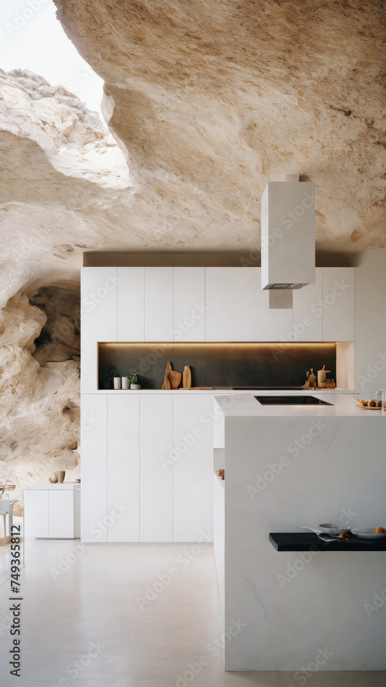 interior design, a modern white futuristic cave kitchen in the desert ...