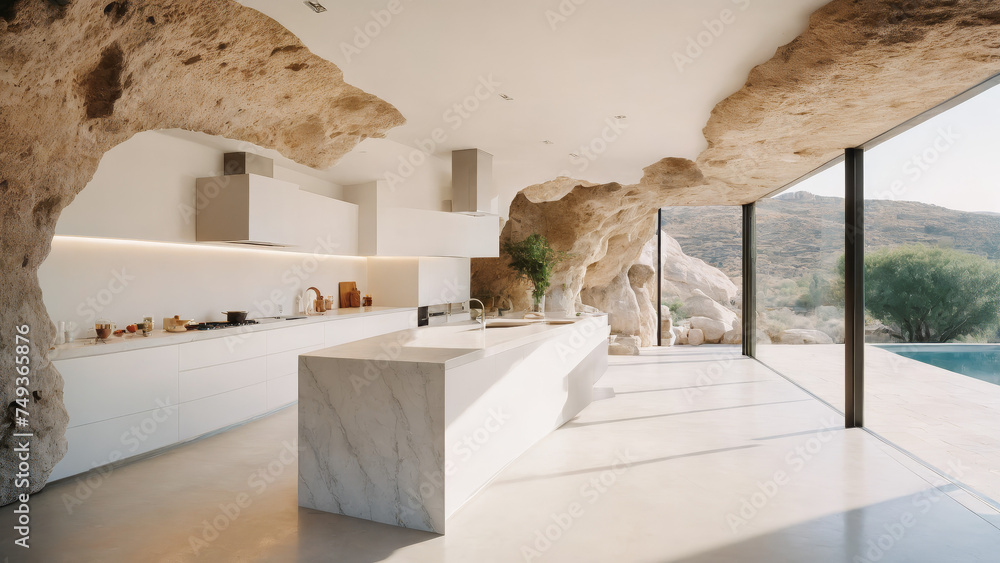 interior design, a modern white futuristic cave kitchen in the desert ...