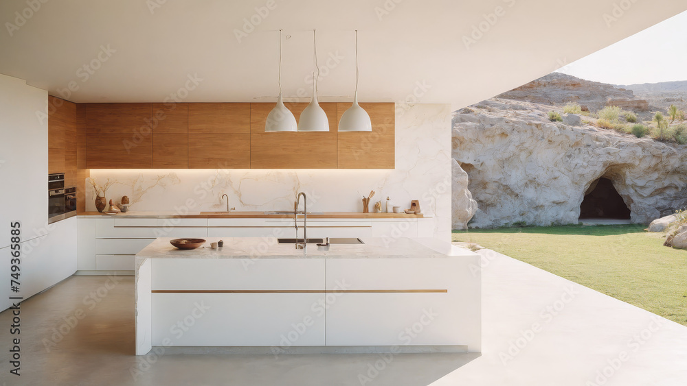 interior design, a modern white futuristic cave kitchen in the desert ...