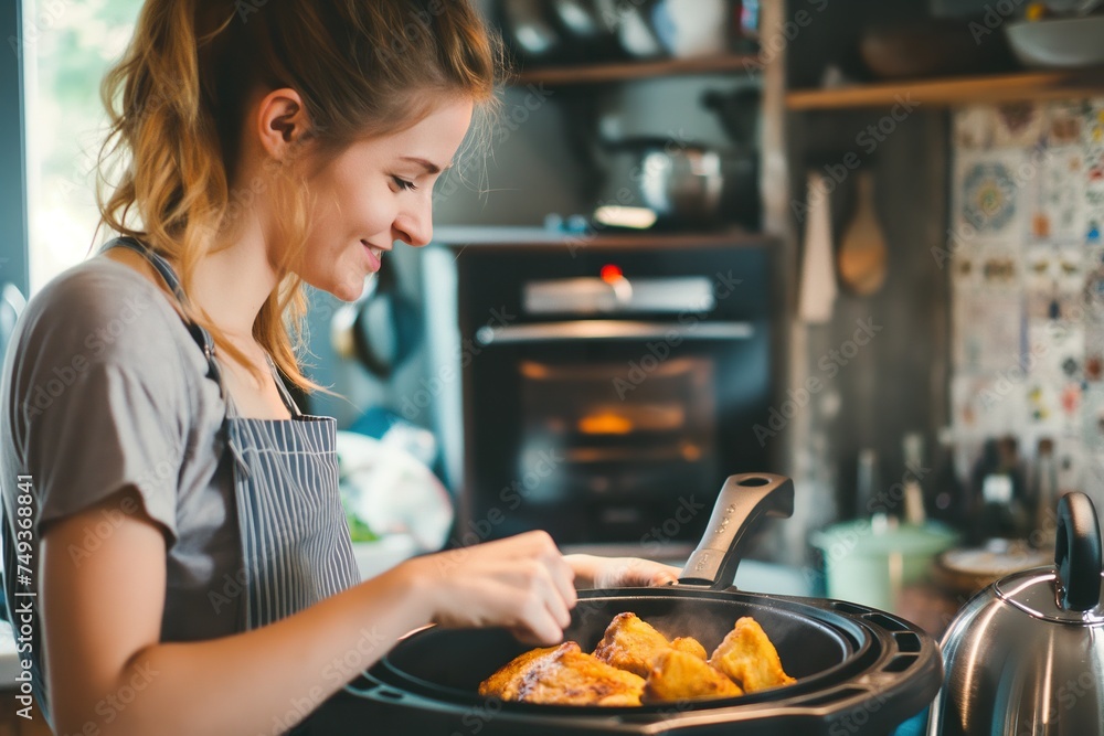 A woman standing in a kitchen, adjusting the time and temperature ...