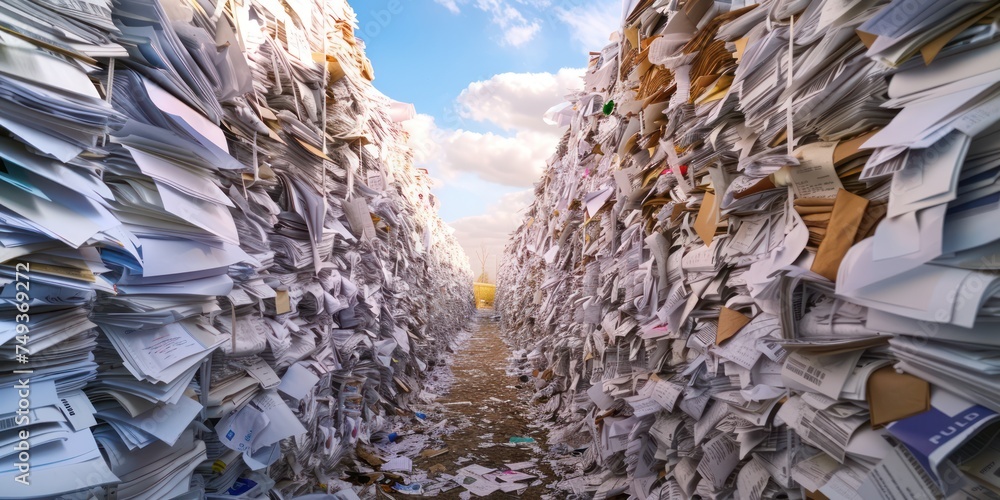 Mountain of Shredded paper on blue sky background. land of paper, pile ...